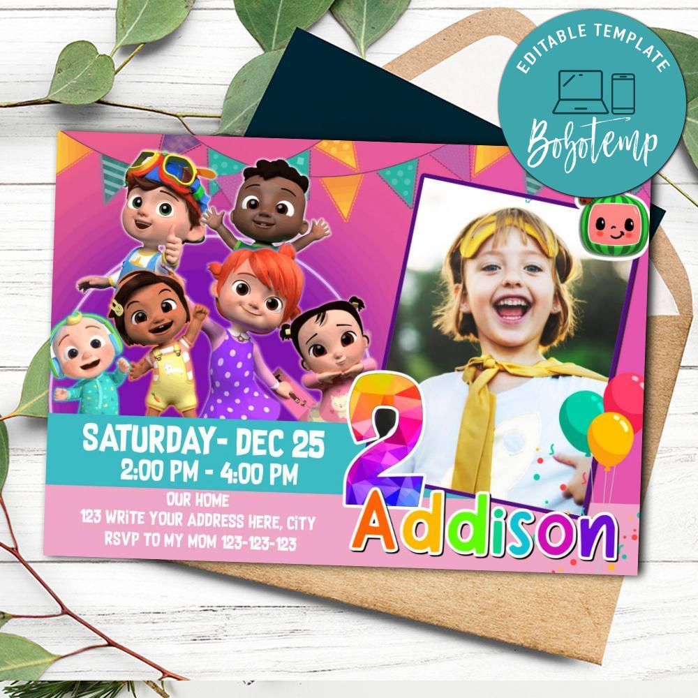Girl Cocomelon invitation Custom Template with Photo DIY | Bobotemp