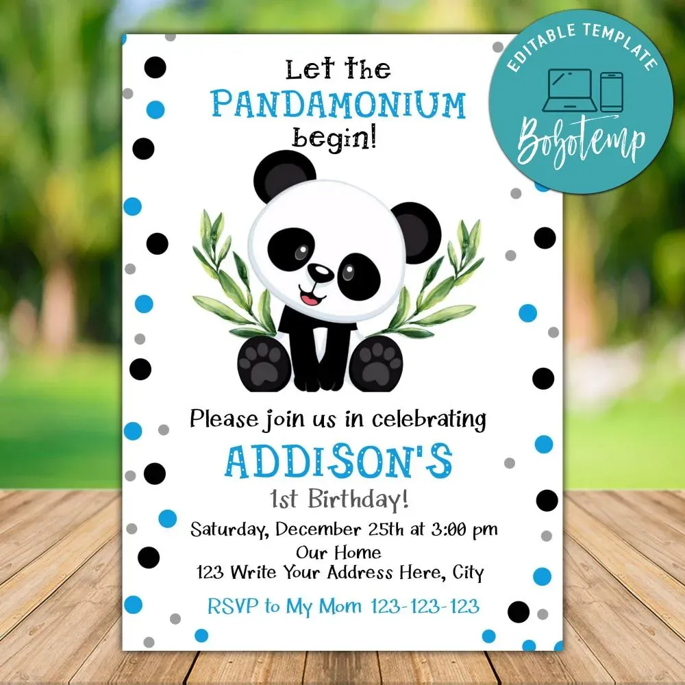 Printable Boy Panda Bear Birthday Invitation Instant Download | Bobotemp