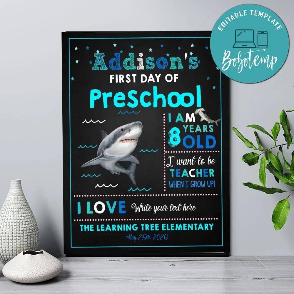 Shark First Day of Kindergarten Chalkboard Sign Printable | Bobotemp