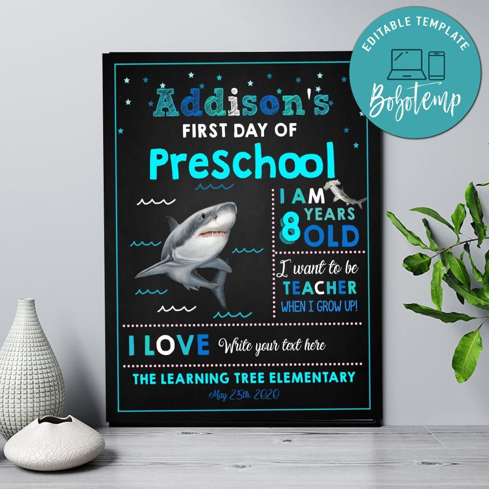 Shark First Day of Kindergarten Chalkboard Sign Printable | Bobotemp