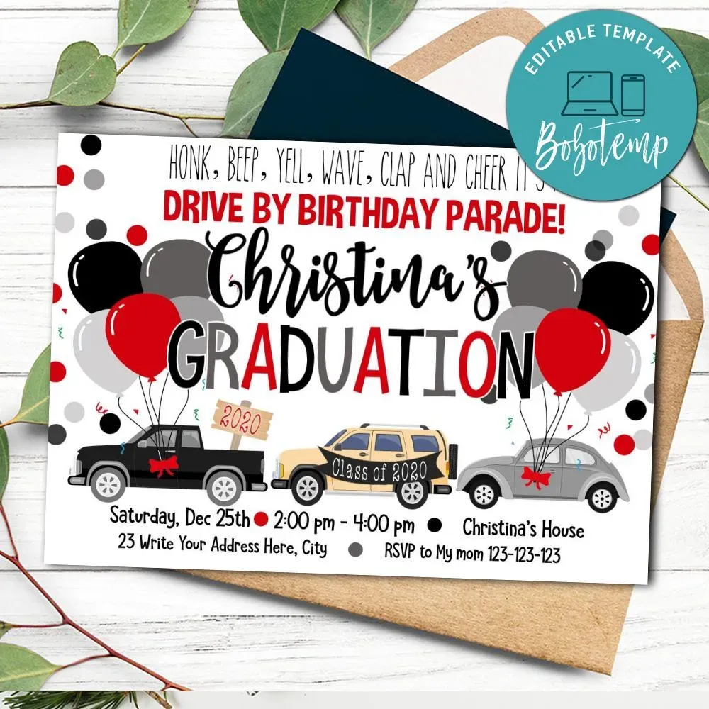 Editable Drive By Virtual Graduation Parade Invitation Template | Bobotemp