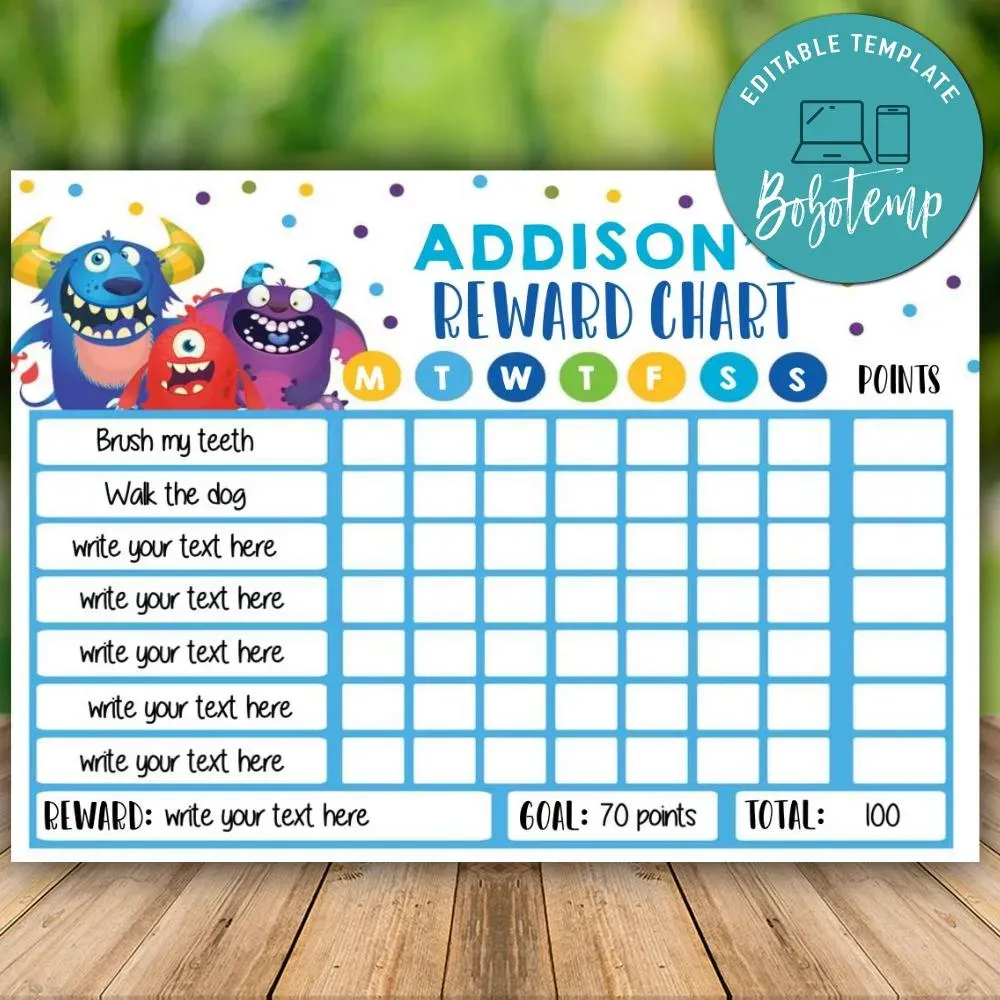 Printable Monster Reward Chart Instant Download | Bobotemp