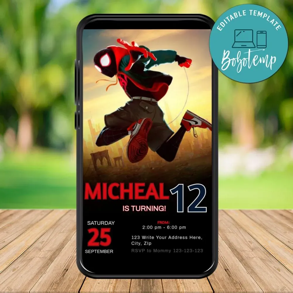 Mobile Miles Morales Spiderman Birthday Electronic Invite Invitation ...