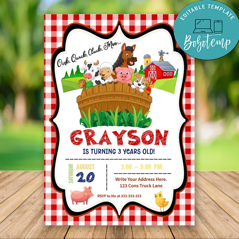Editable Farm Themed Birthday Invitations Instant Download | Bobotemp