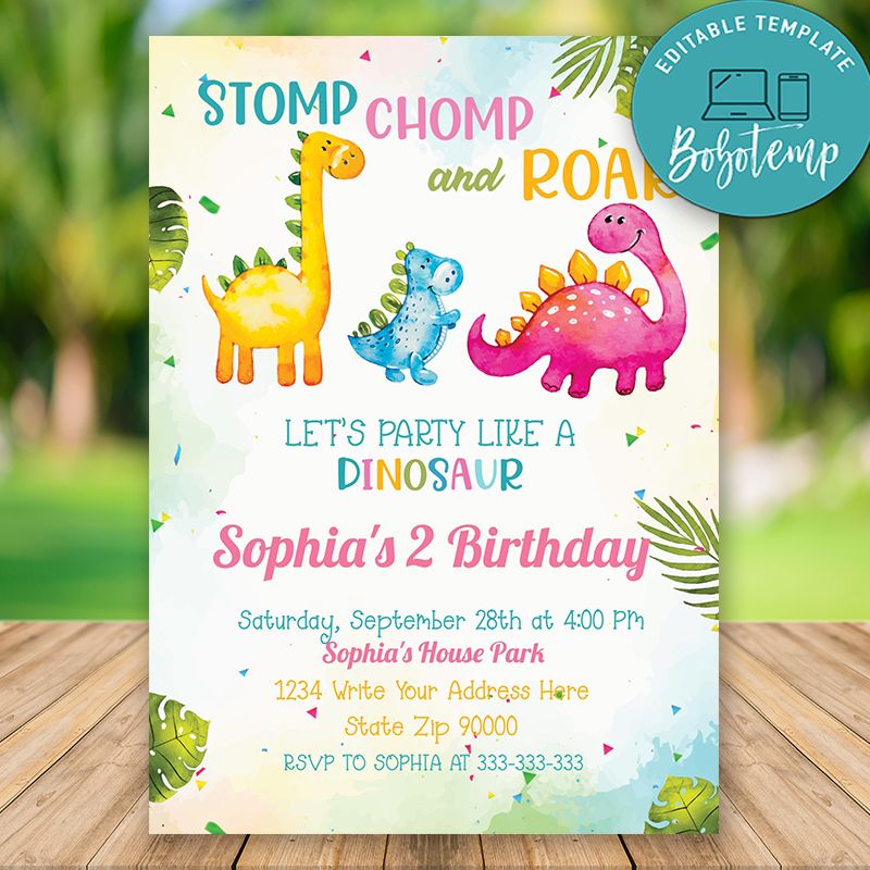Editable Girl Dinosaur Birthday Invitations Instant Download Bobotemp