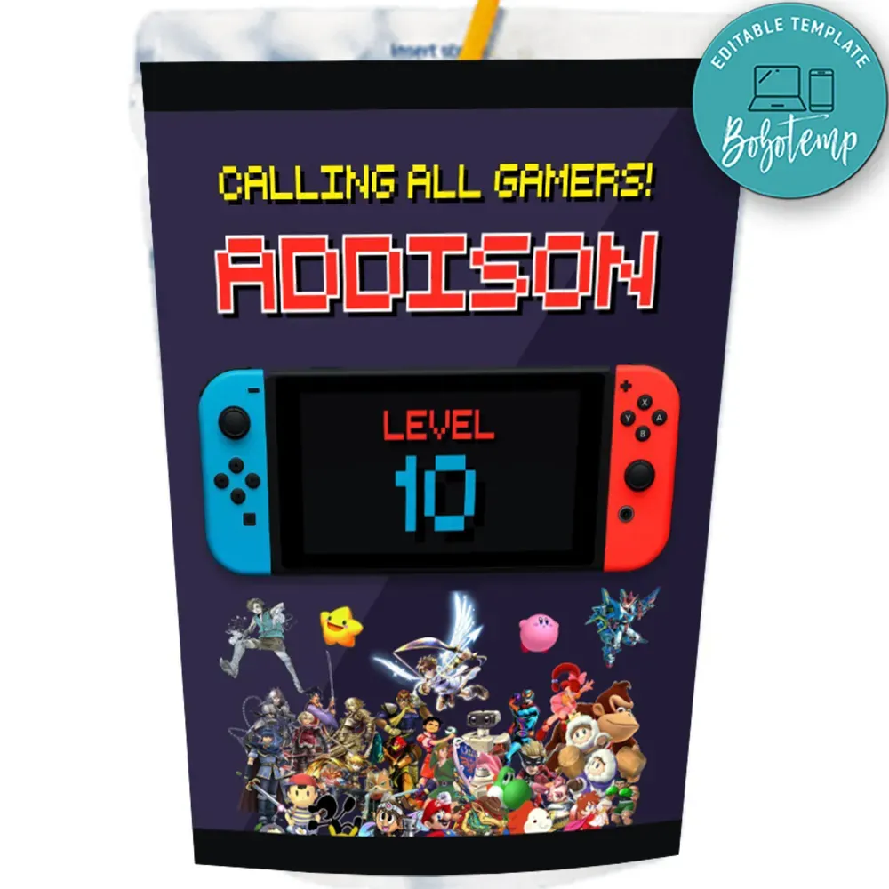 Nintendo Game Capri Sun Birthday Labels Digital File Printable | Bobotemp