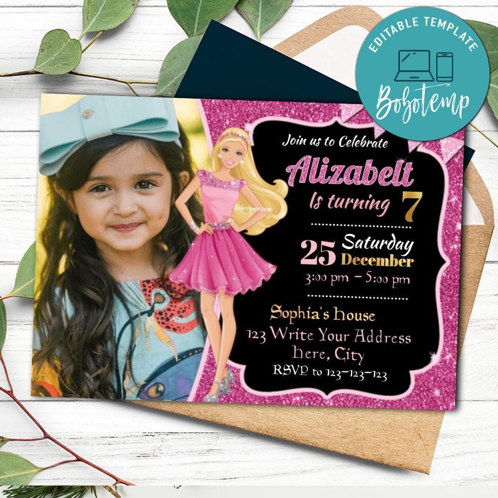 Barbie Invitation With Photo Customizable Template Instant Downlo ...