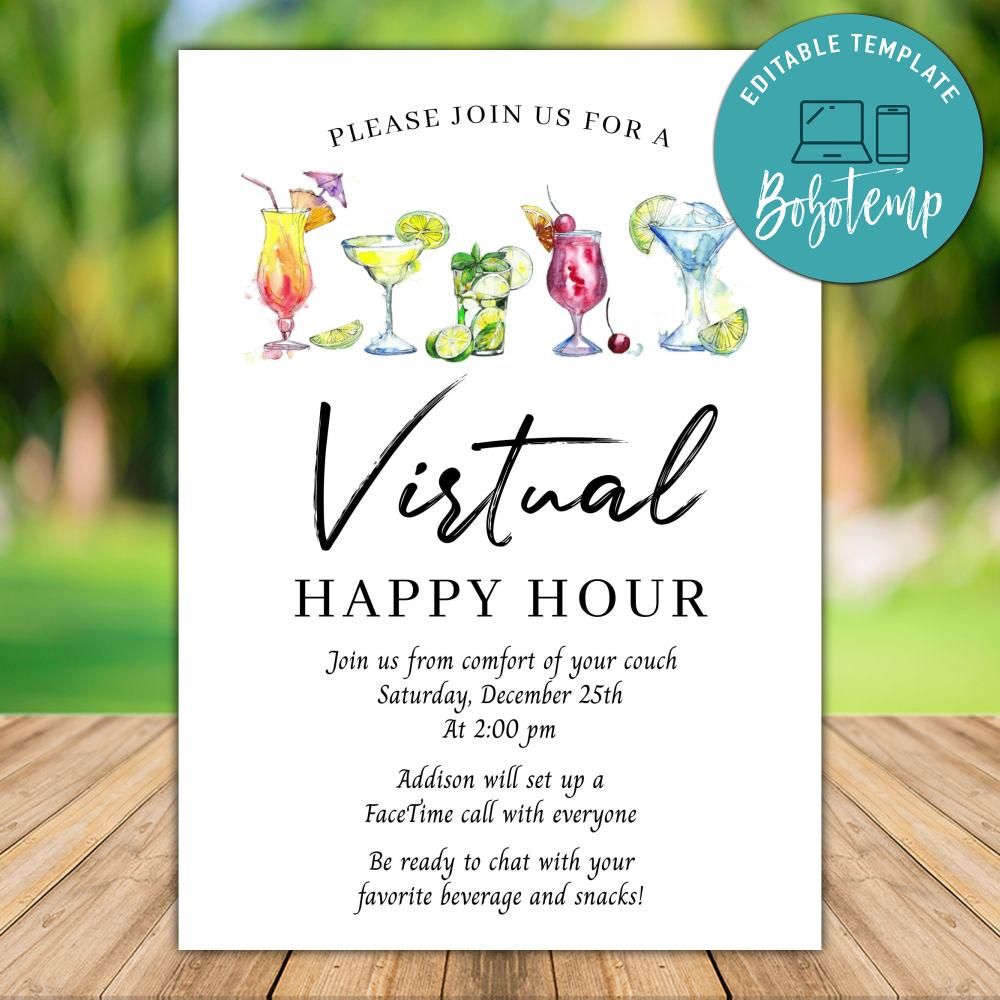 Printable Cocktails Virtual Happy Hour Invite Template DIY Bobotemp