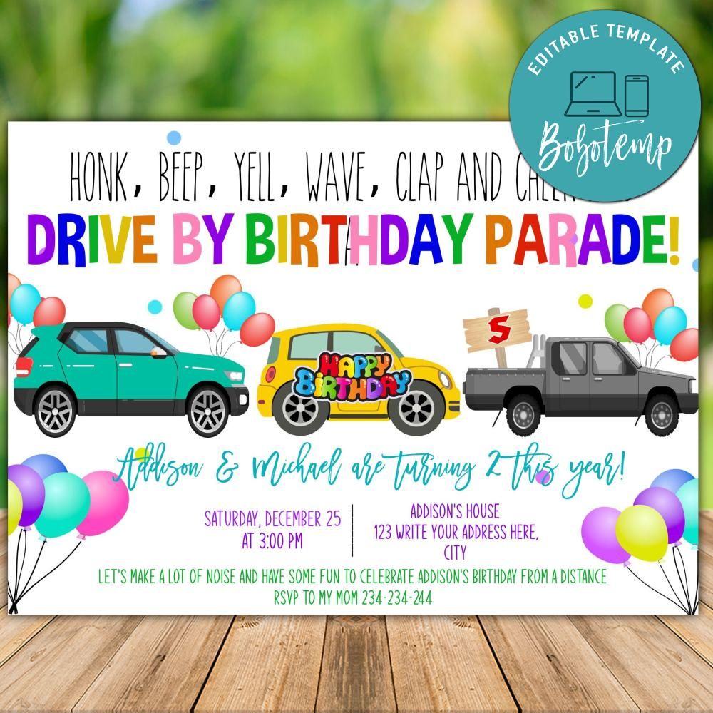 Printable Boy Twins Drive By Parade Birthday Invitation DIY | Bobotemp