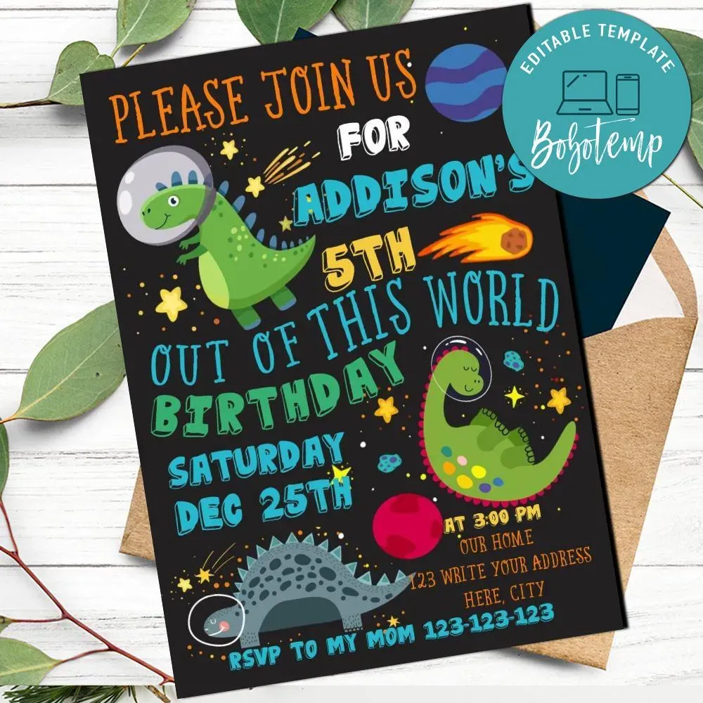 Dino Space Birthday Invitation Template to print at home DIY | Bobotemp