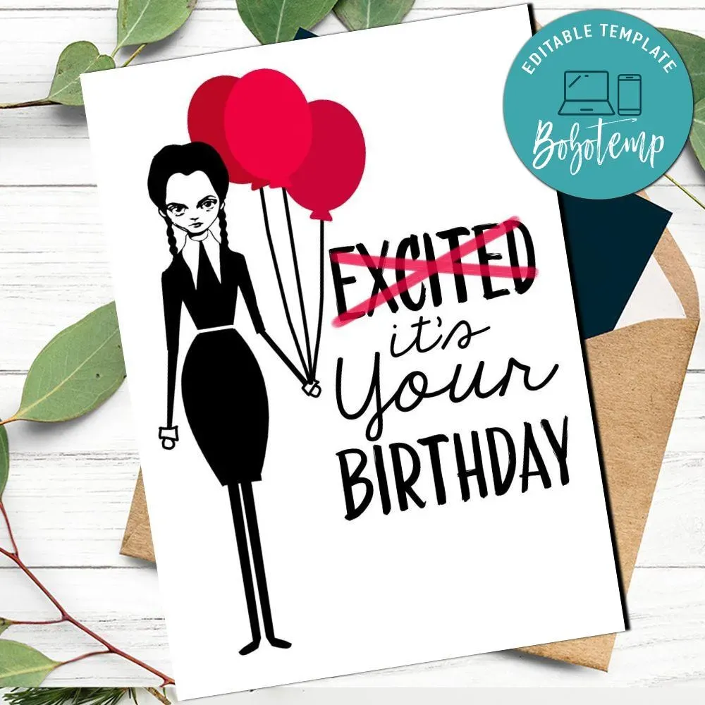 Wednesday Addams Halloween Birthday Card Template Printable DIY ...