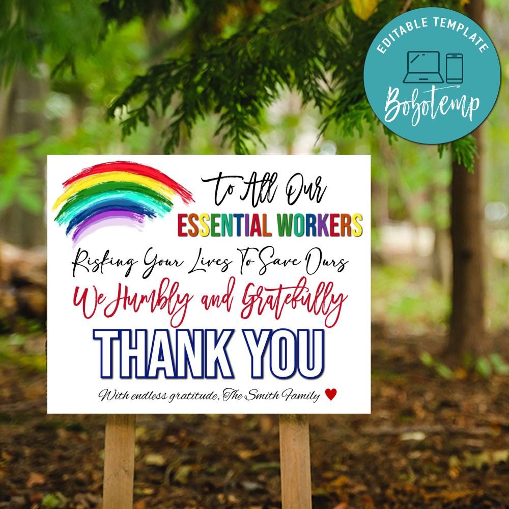 Thank You Essential Workers Yard Sign Printable Instant Download | Bobotemp