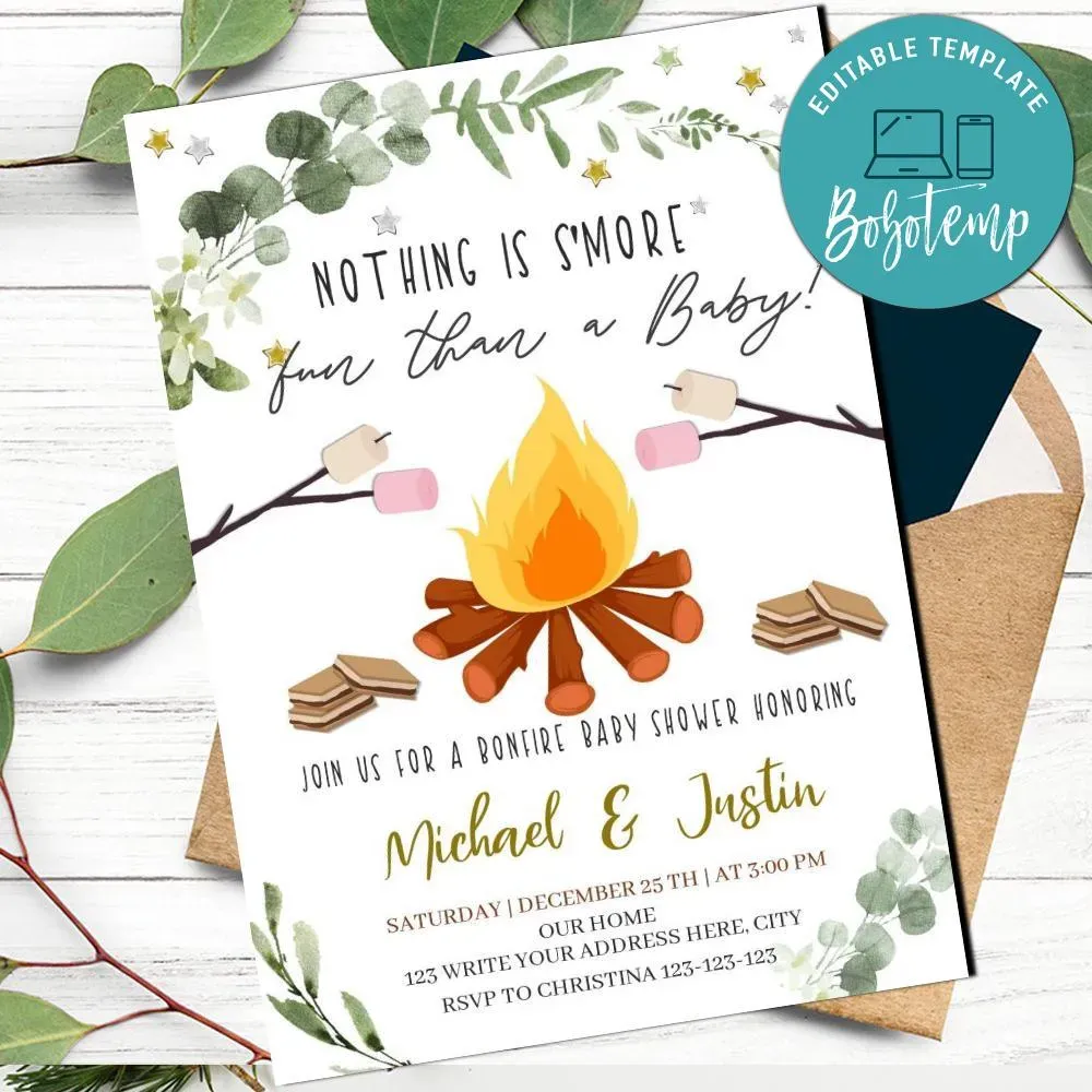 S'mores baby shower Invitation Template to print at home DIY | Bobotemp