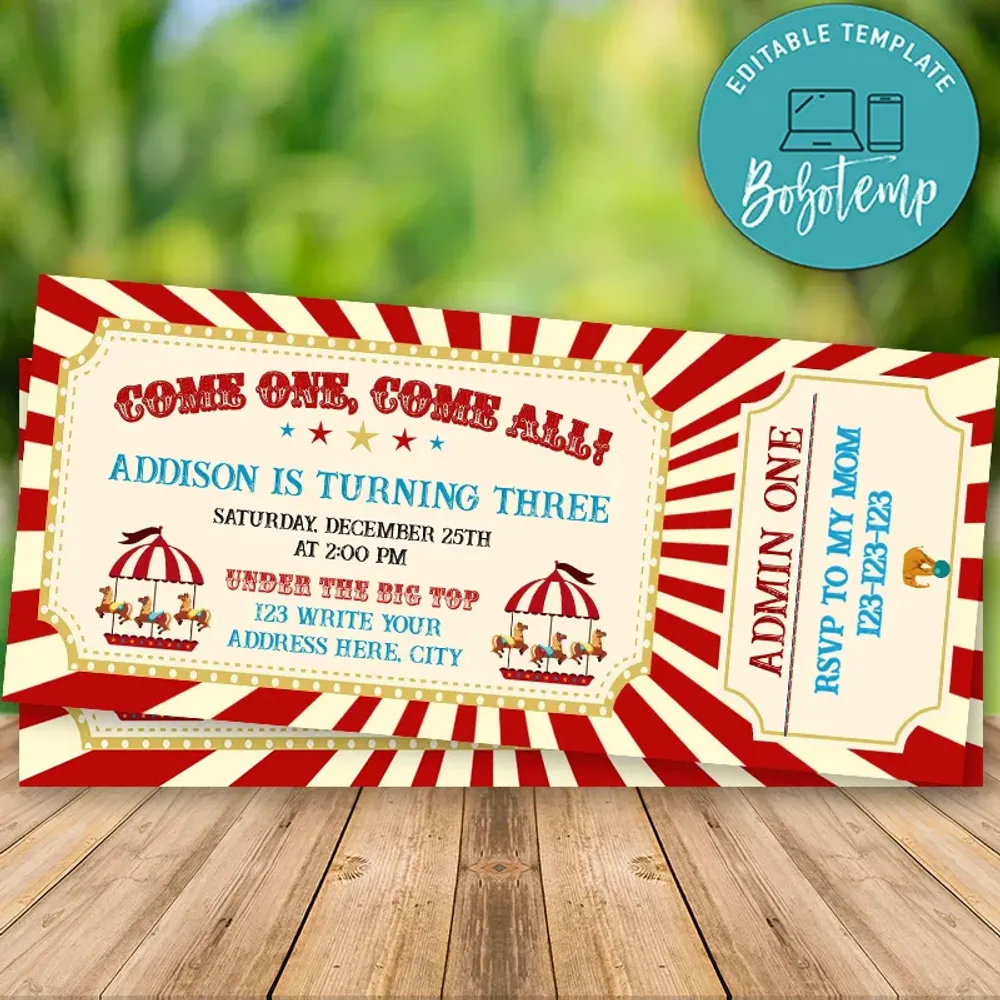 Editable Carousel Ticket Birthday Flyer Instant Download | Bobotemp
