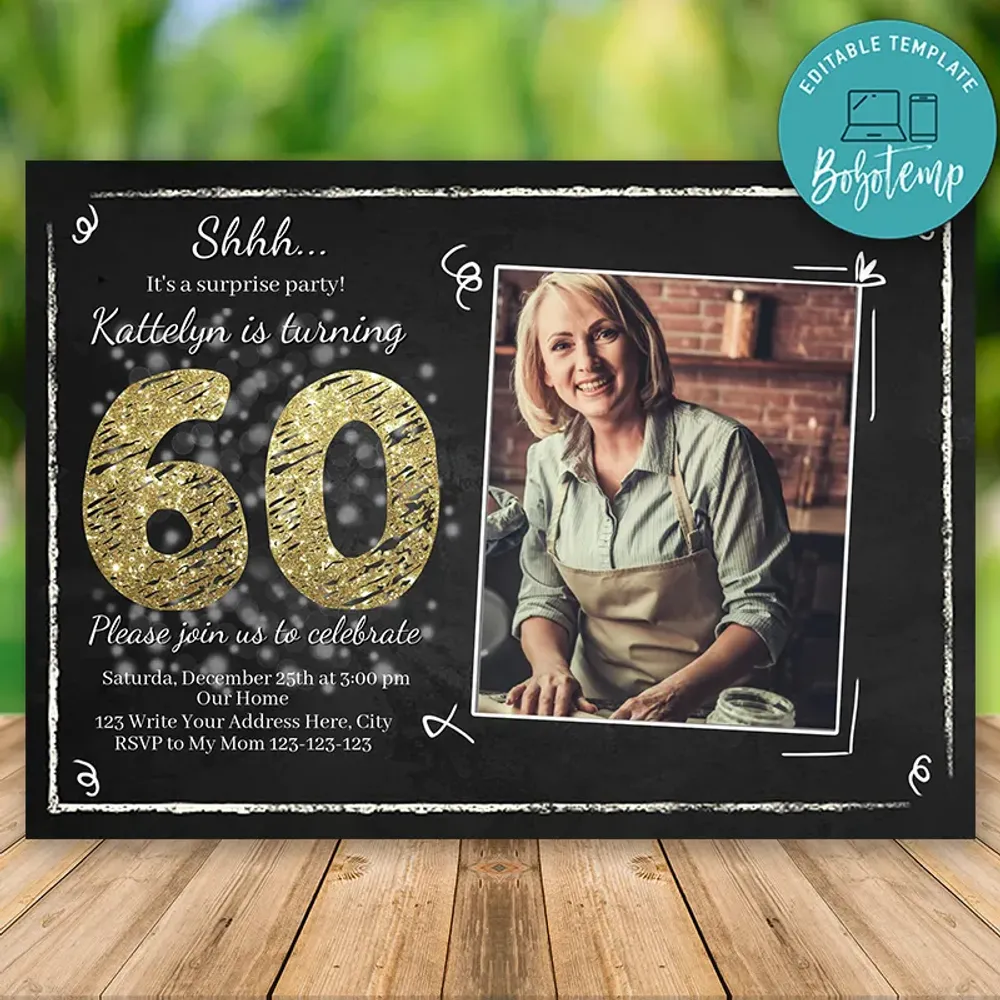 Editable 60th Surprise Birthday Flyer for Woman DIY | Bobotemp