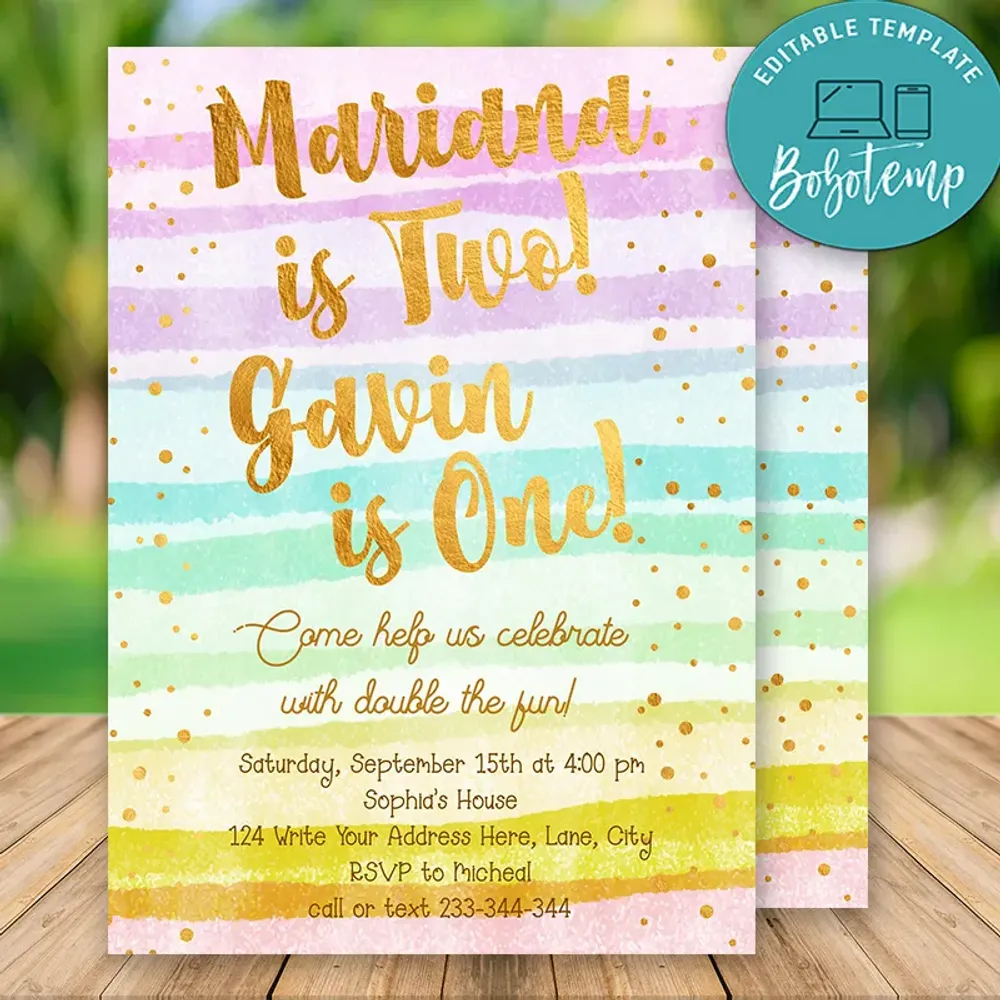 Editable Rainbow Sibling Birthday Invitations For Girls DIY | Bobotemp