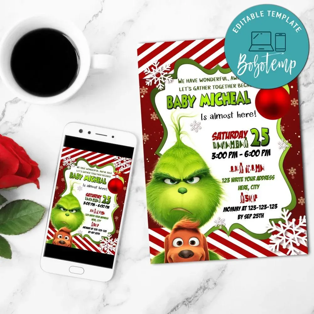 Grinch Baby Shower Invitation Template DIY | Bobotemp