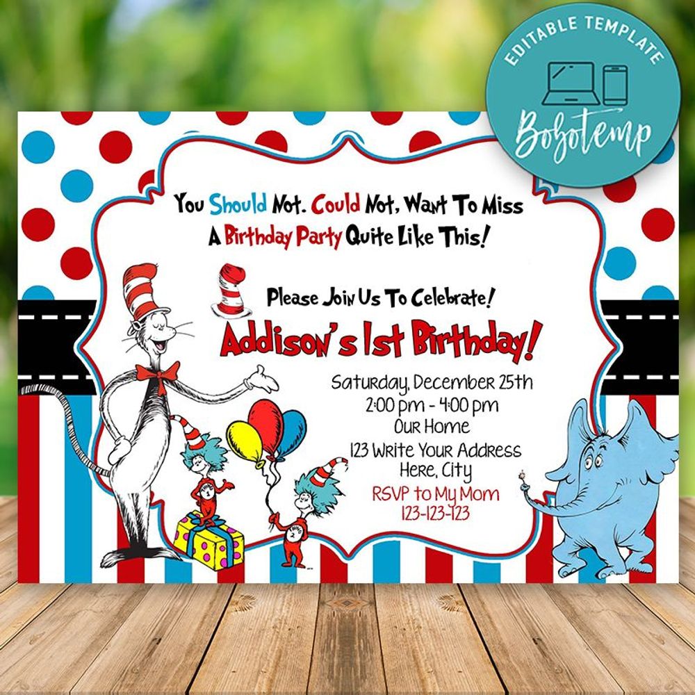 Editable Cat In The Hat Birthday Invitation Instant Download Bobotemp