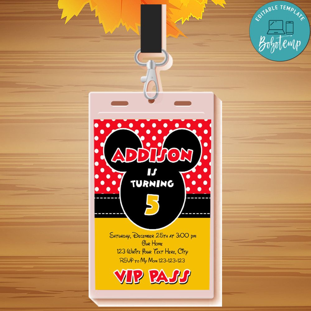 Mickey Mouse Vip Pass ID Template Instant Download | Bobotemp