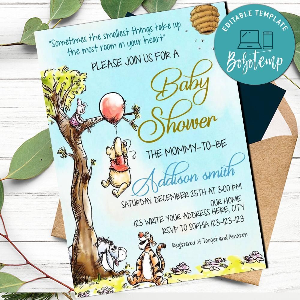 Winnie The Pooh Classic Baby Shower Invitation Template DIY 