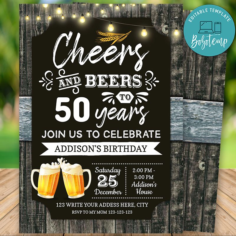 Printable 50th Cheers And Beers Birthday Party Invitation DIY 