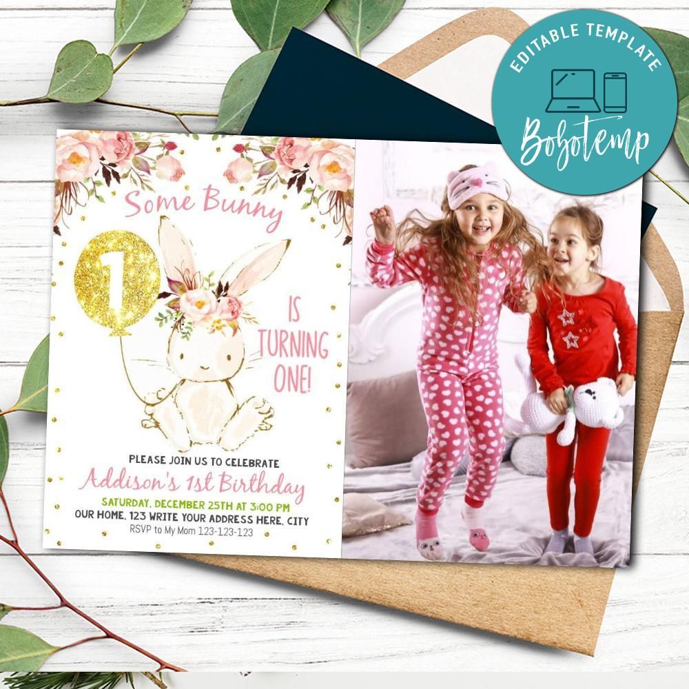 Some Bunny Birthday Invitation with photo Template DIY | Bobotemp