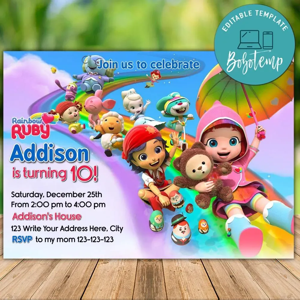 Printable Rainbow Ruby and Her Bear Birthday Invitation DIY | Bobotemp