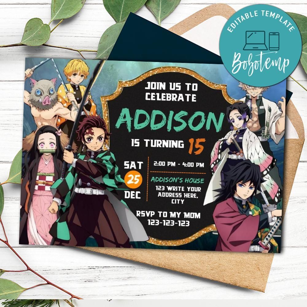 Demon Slayer Invitation Template Instant Download Bobotemp