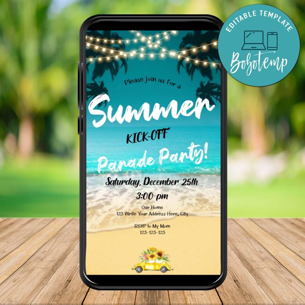 Mobile Summer Kick Off parade Party Electronic Invite Invitation DIY ...