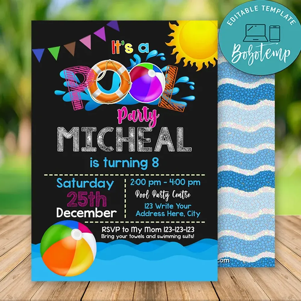Editable Swimming Pool Birthday Party For Girl Instant Download | Bobotemp