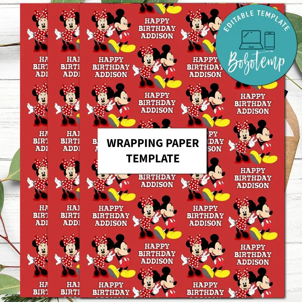 Mickey and Minnie Mouse Wrapping Paper Template to Print at Home | Bobotemp
