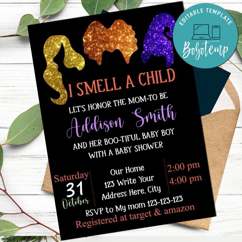 Hocus Pocus Halloween I Smell A Child Baby Shower Invitation DIY Bobotemp