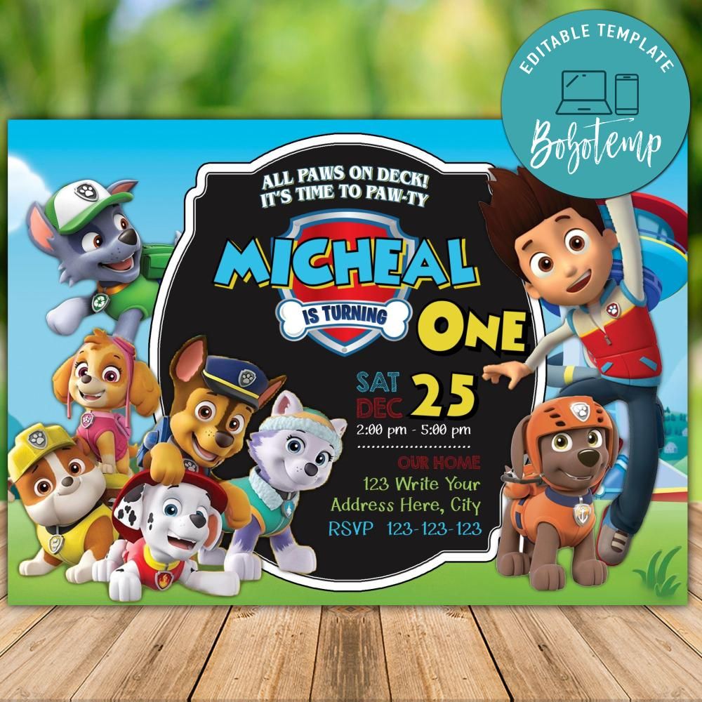 Printable Paw Patrol 1st Birthday Invitations Instant Download 