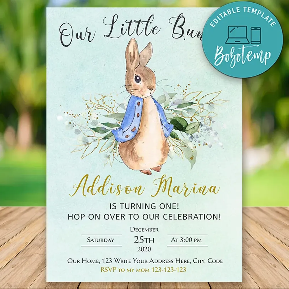 Editable Peter Rabbit Birthday Invitations For Boy DIY | Bobotemp