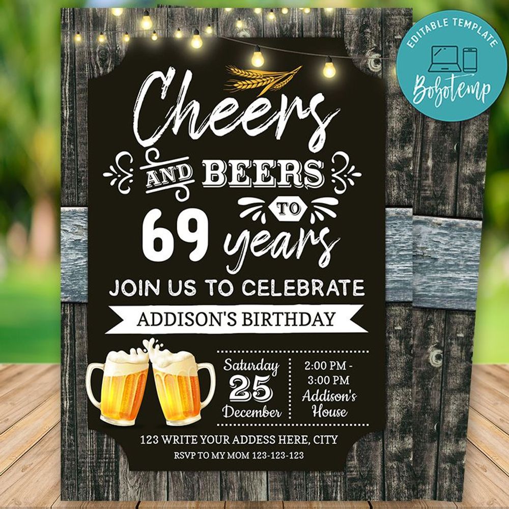Printable 69th Cheers And Beers Birthday Party Invitation DIY Bobotemp