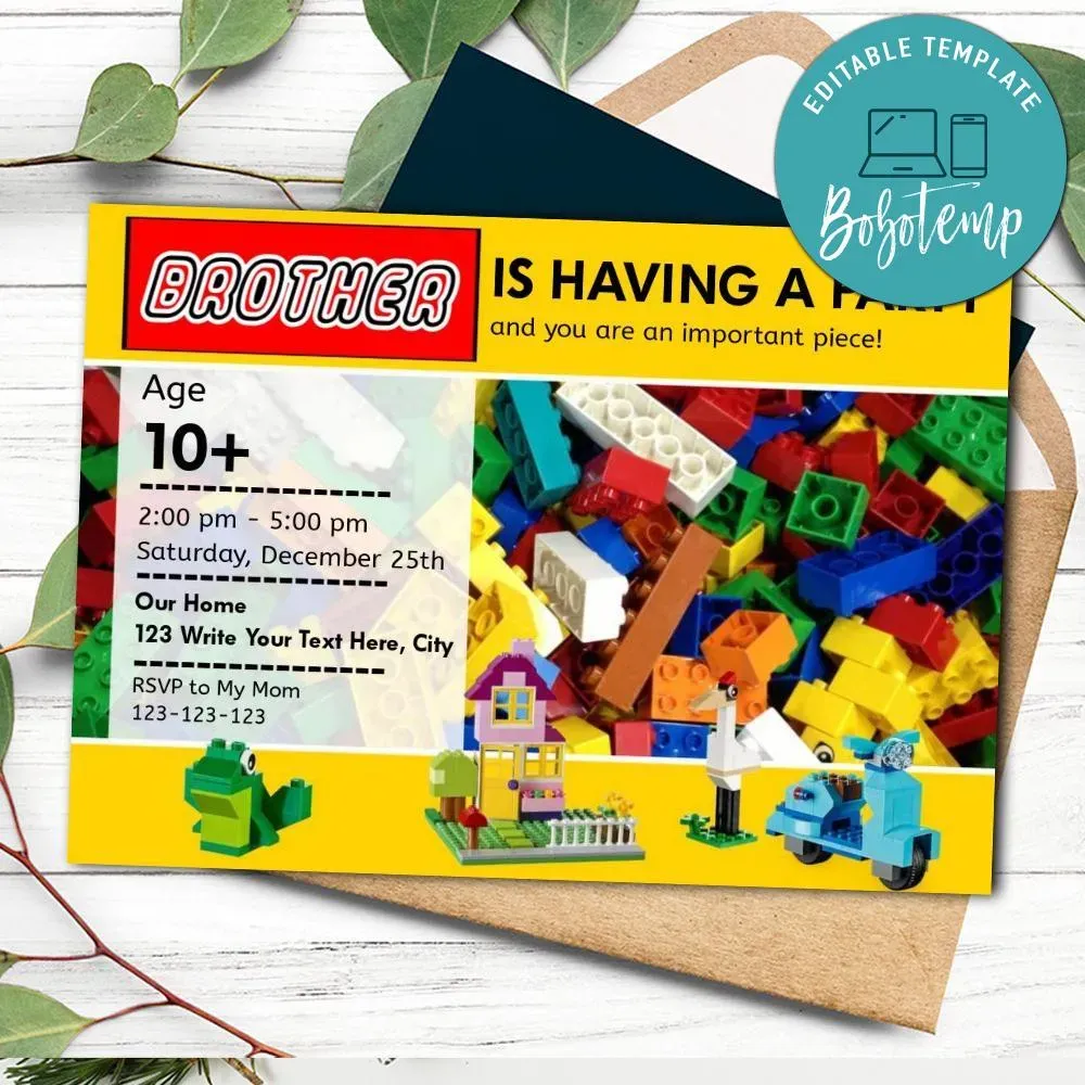 Lego Building Blocks Birthday Invitation Printable DIY | Bobotemp