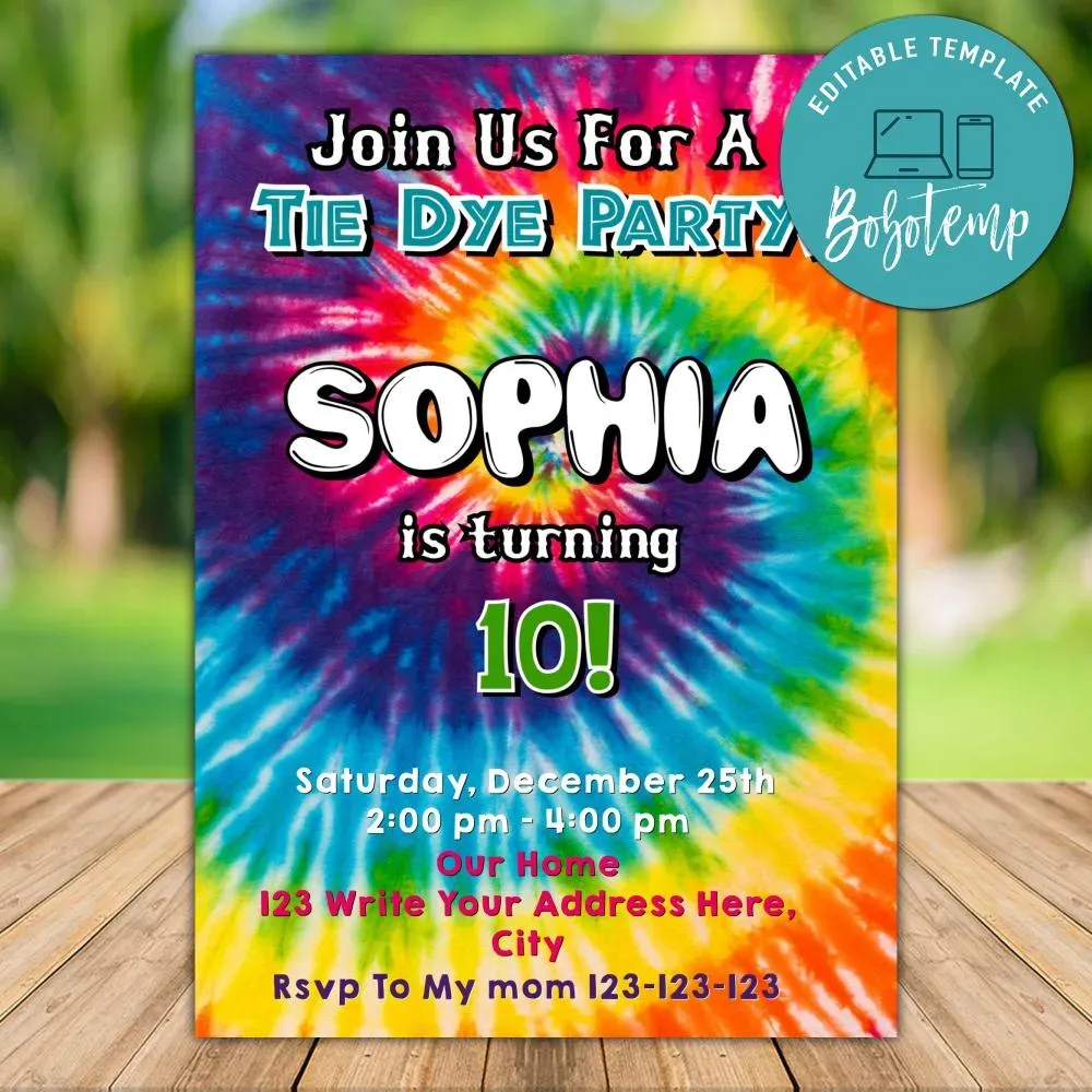 Editable Tie Dye Sleepover Birthday Invitation Instant Download | Bobotemp