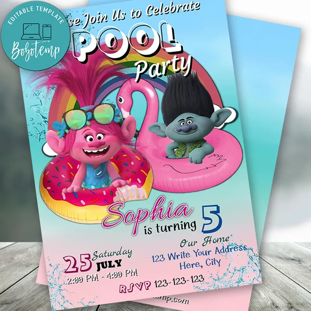 Editable Trolls Pool Party Birthday Invitation Instant Download | Bobotemp