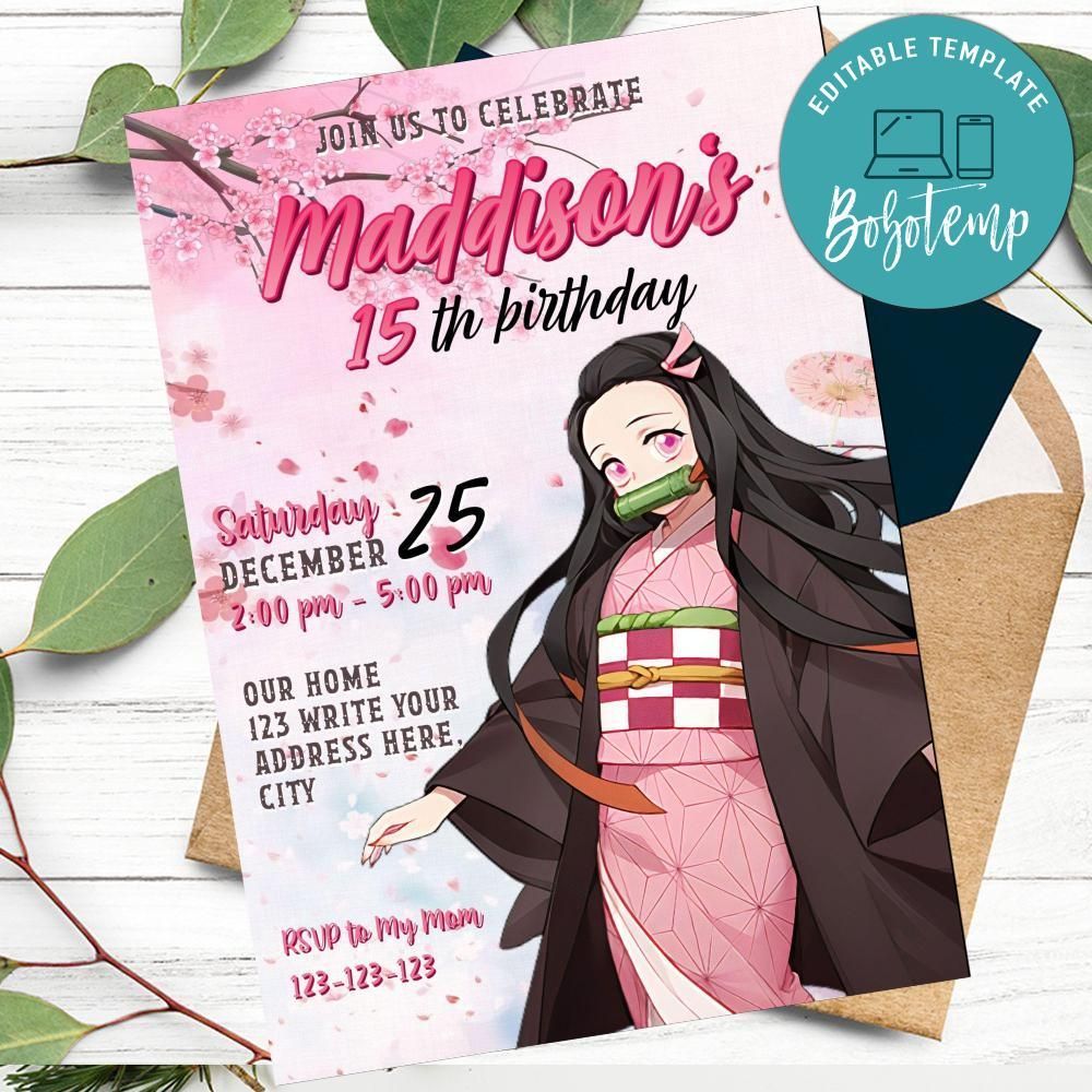 Nezuko Demon Slayer Invitation Customizable Template DIY Bobotemp