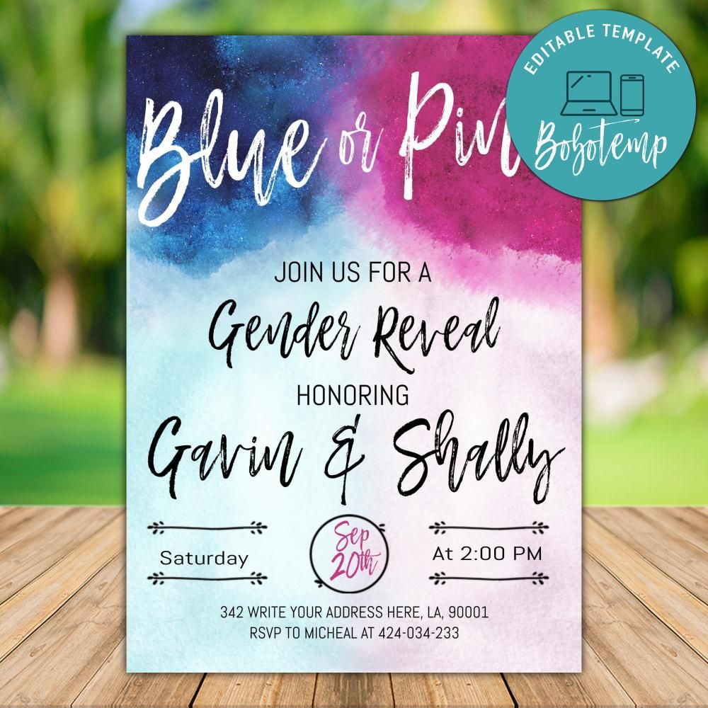 Editable Blue Or Pink Gender Reveal Party Invitation DIY Sunmily
