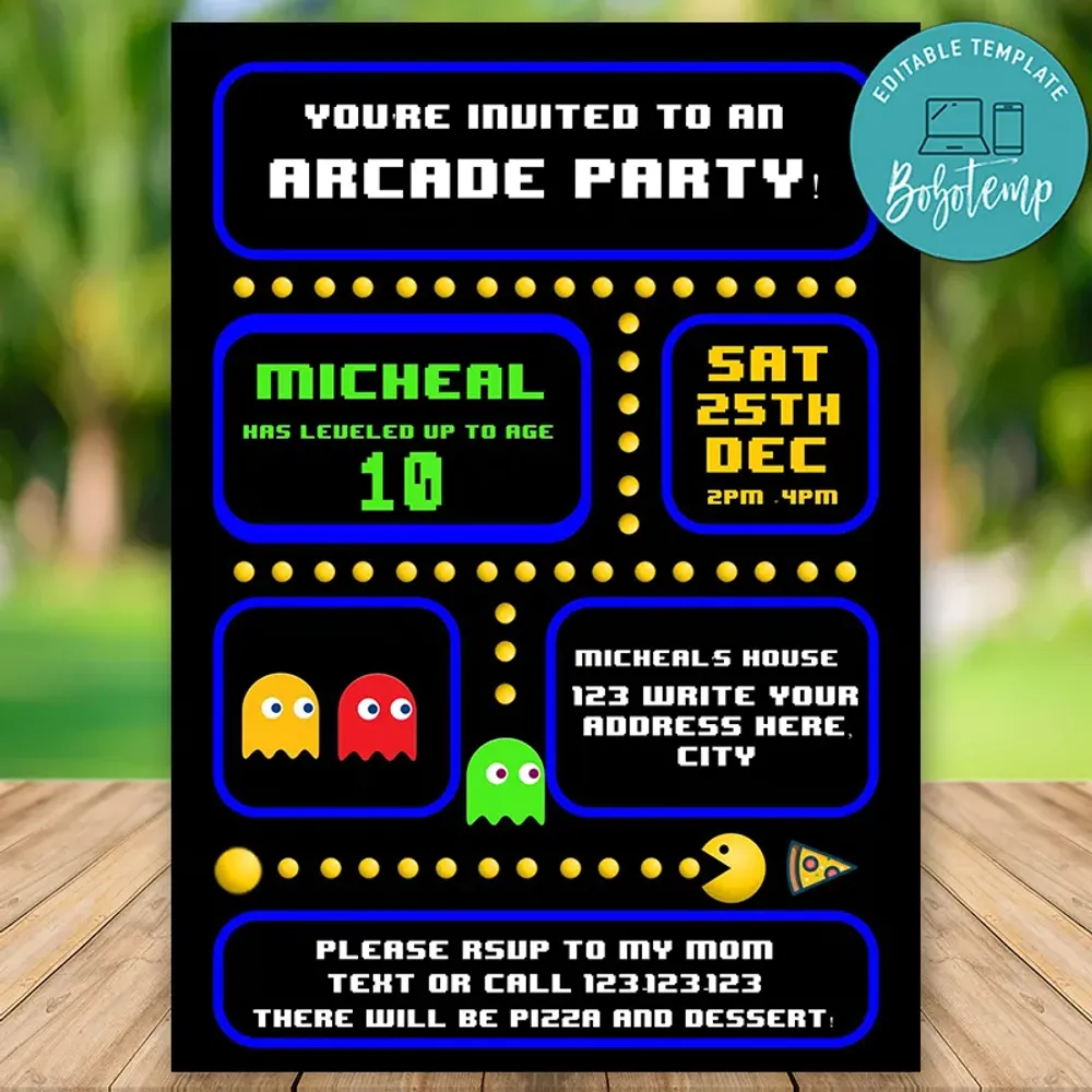 Editable Arcade birthday invitations Instant Download | Bobotemp