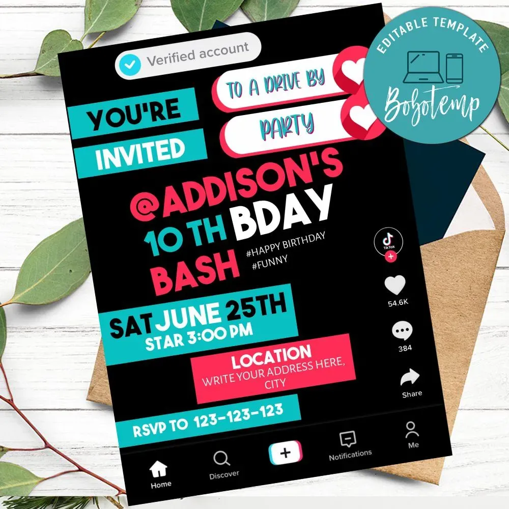 Tik Tok Teen Drive By Birthday Parade Invitation Printable DIY | Bobotemp