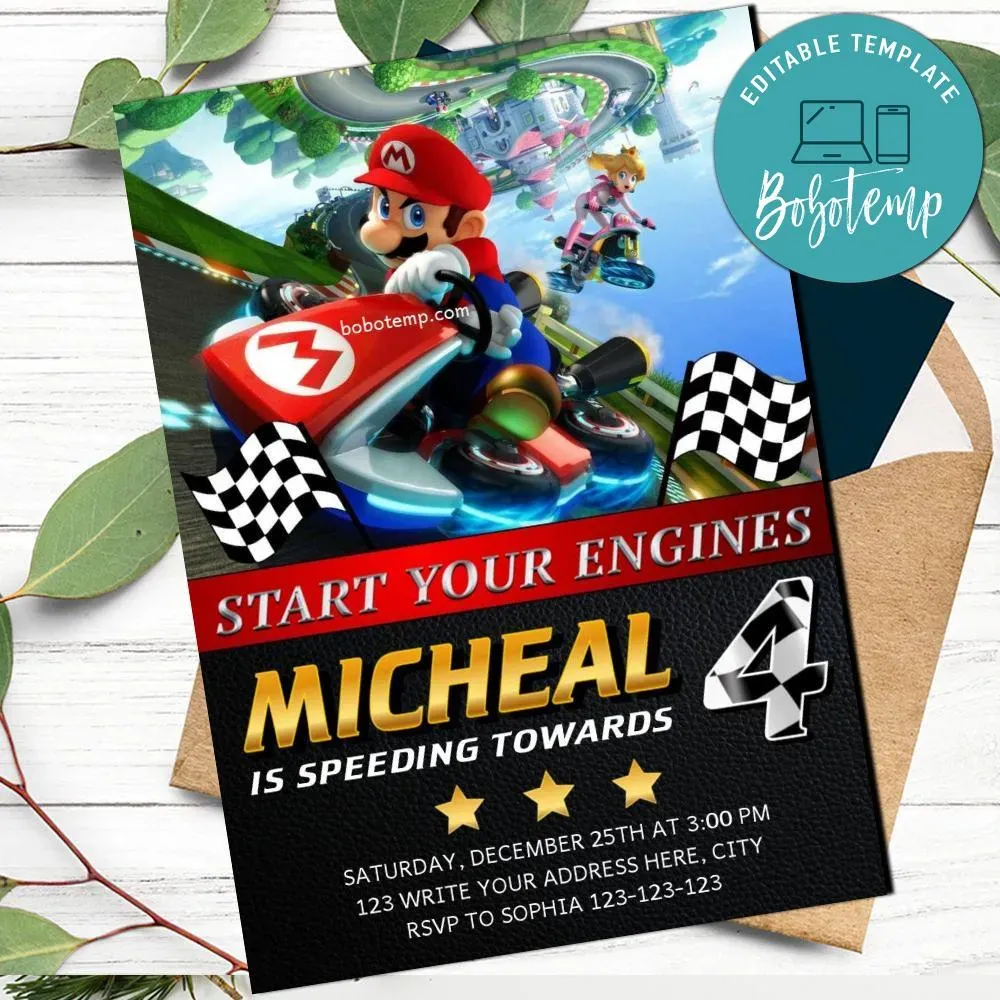 Custom Mario Kart Birthday Flyer Instant Download | Bobotemp