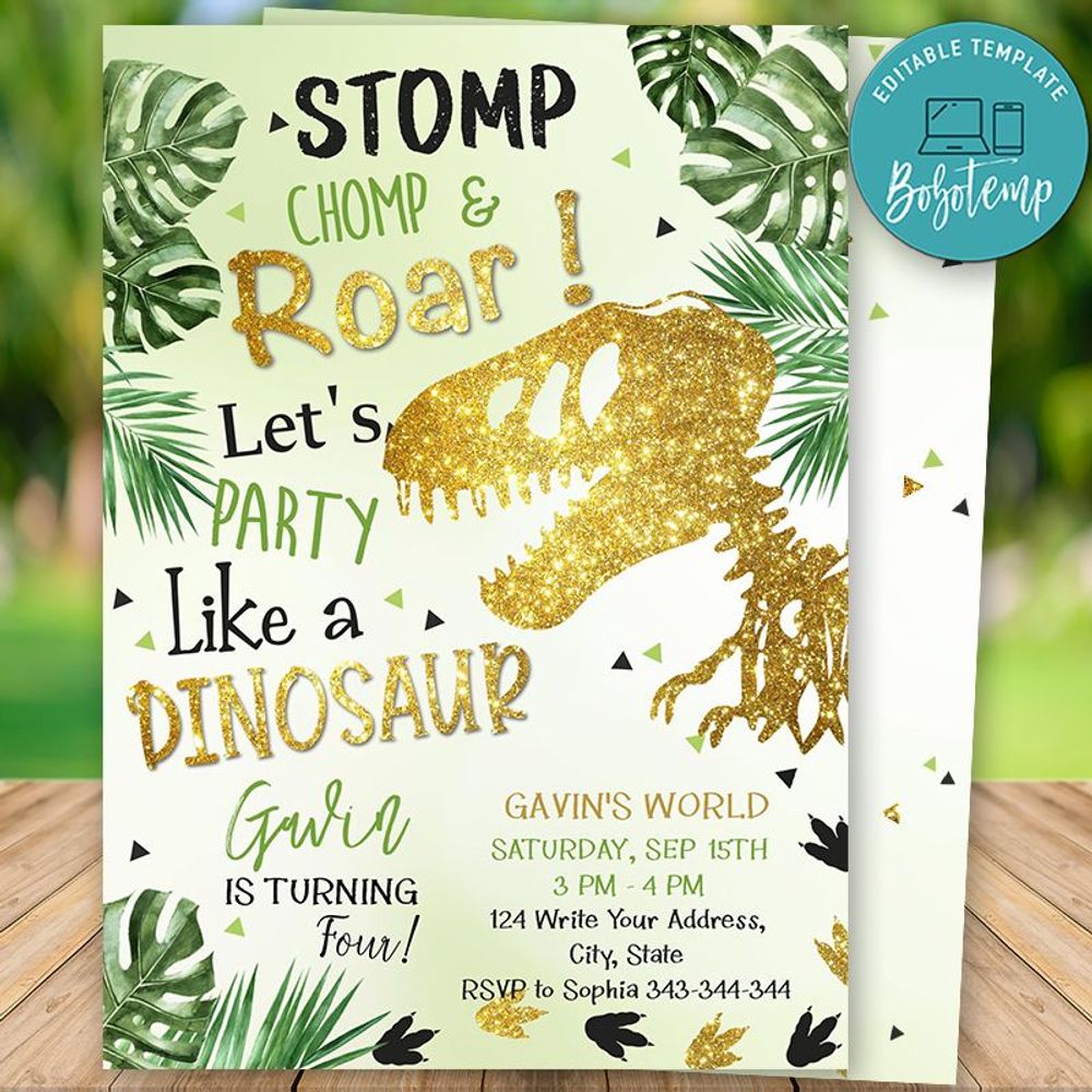 Editable T Rex Dinosaur 4th Birthday Invitations Instant Download