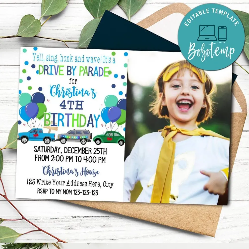 Printable Car Parade Birthday Invitation with Photo DIY | Bobotemp