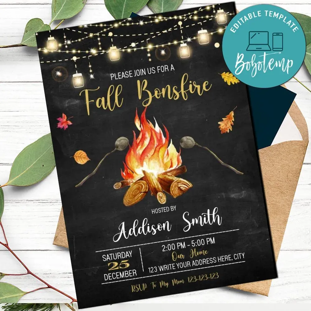 Campfire Invitation Customizable Template to print at home DIY | Bobotemp