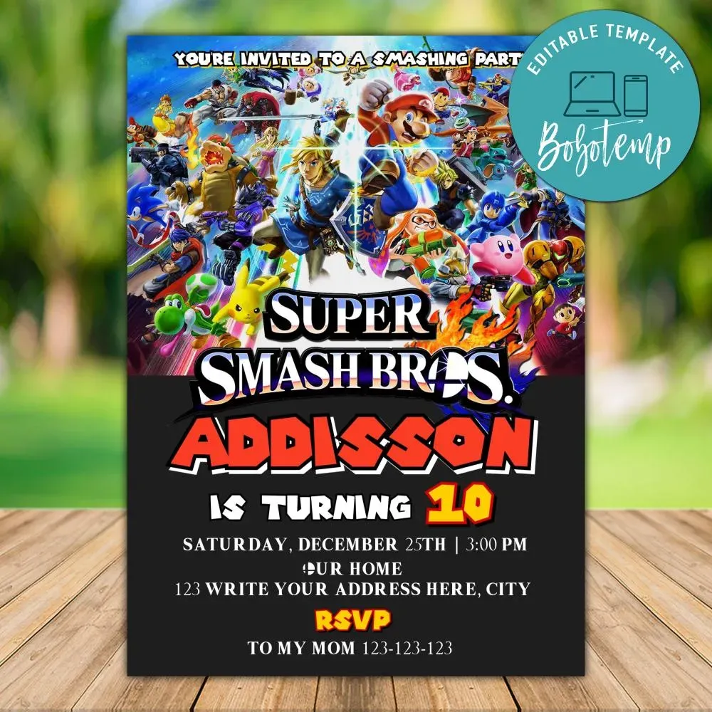 Editable Super Smash Brothers Birthday Invitation DIY | Bobotemp