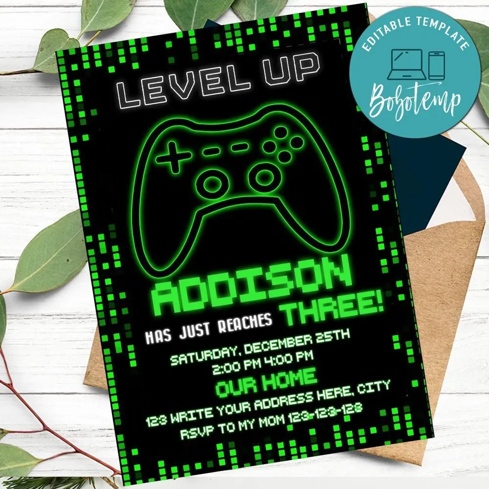 Level Up Birthday Flyer Template to Print at Home DIY | Bobotemp