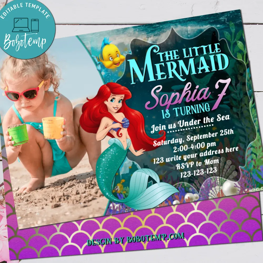 Little mermaid Ariel Birthday Flyer Card With Picture DIY | Bobotemp