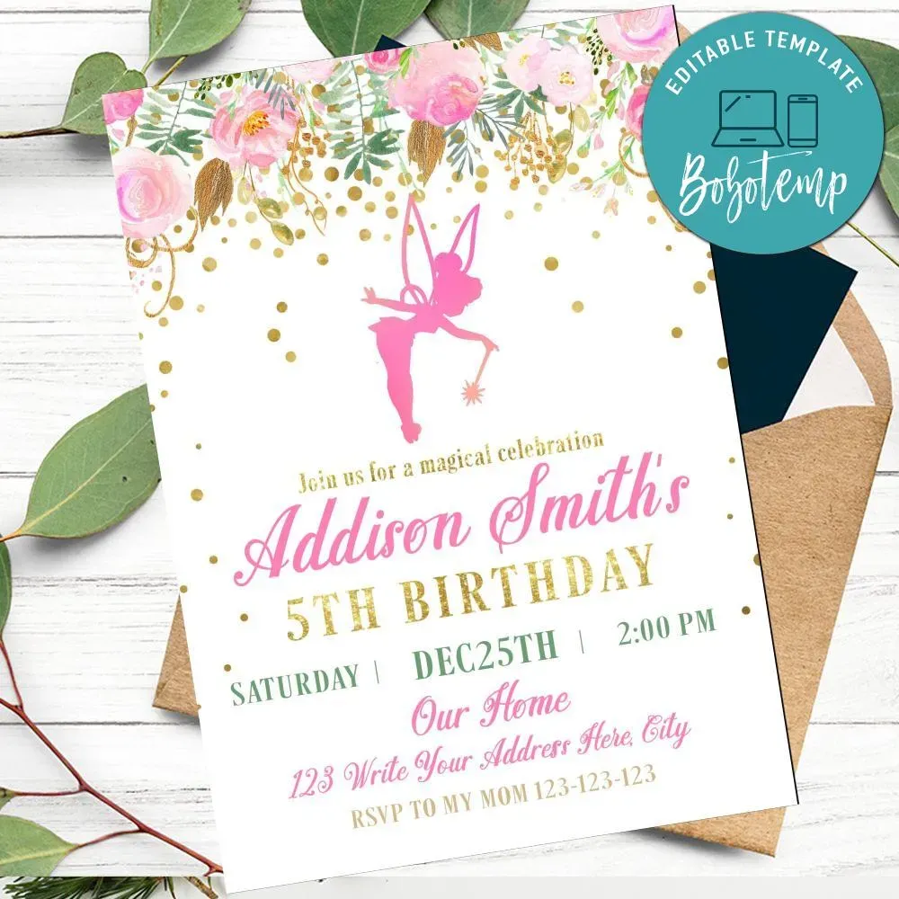 Pink fairy birthday Flyer Customizable Template DIY | Bobotemp
